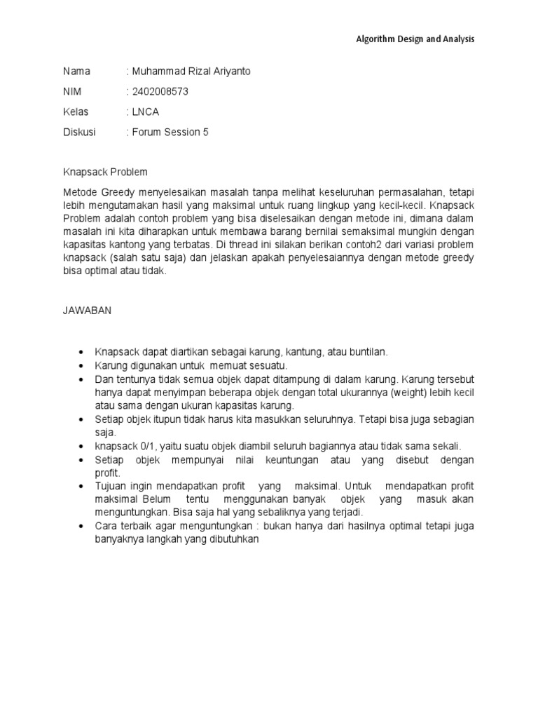 Muhammad Rizal Ariyanto 2402008573 - Algo Design N Analysis - Session5 - Knapsack Problem | PDF
