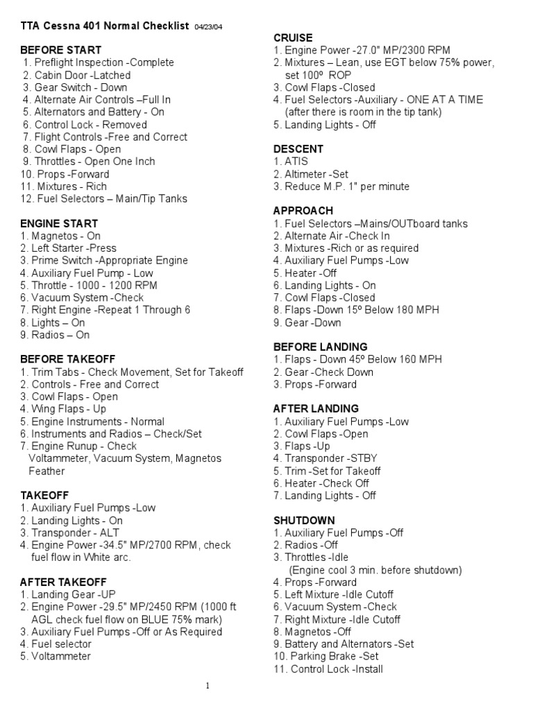 TTA Cessna 401 Normal Checklist Before Start Cruise | Download Free PDF ...