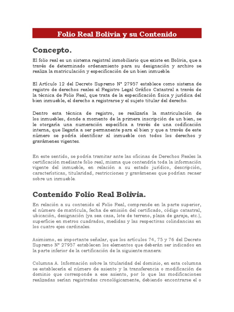 Folio Real en Bolivia: Concepto y Trámites | PDF | Propiedad | Hipoteca ...