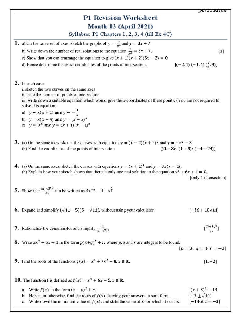 Pure Mathematic Revision Worksheet Month 3 | PDF | Equations ...