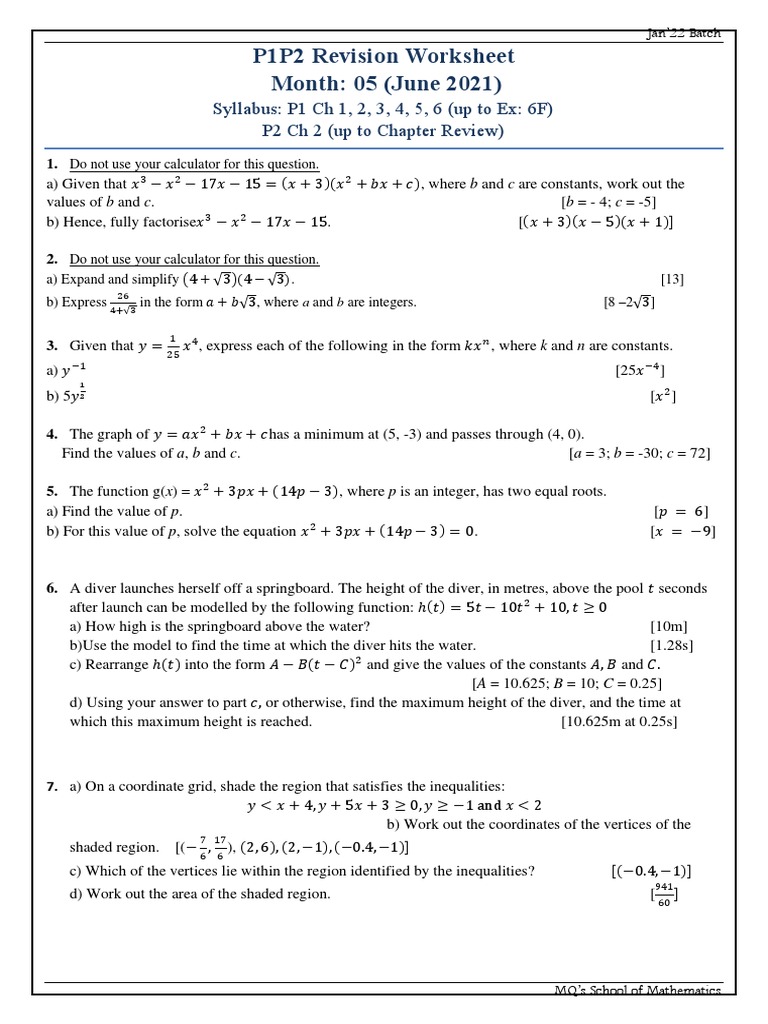 Pure Mathematics Revision Worksheet Month 5 | PDF | Circle ...