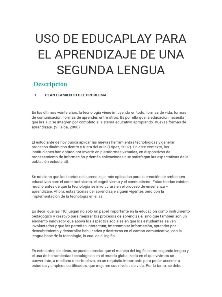 Uso de Educaplay para El Aprendizaje de Una Segunda Lengua | PDF | Aprendizaje | Segundo lenguaje