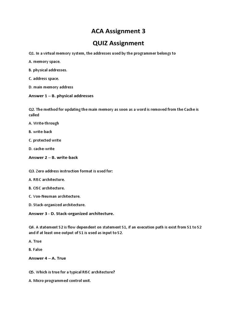 ACA Assignment 3 QUIZ Assignment: Answer 1 - B. Physical Addresses | PDF | Computer Data Storage ...