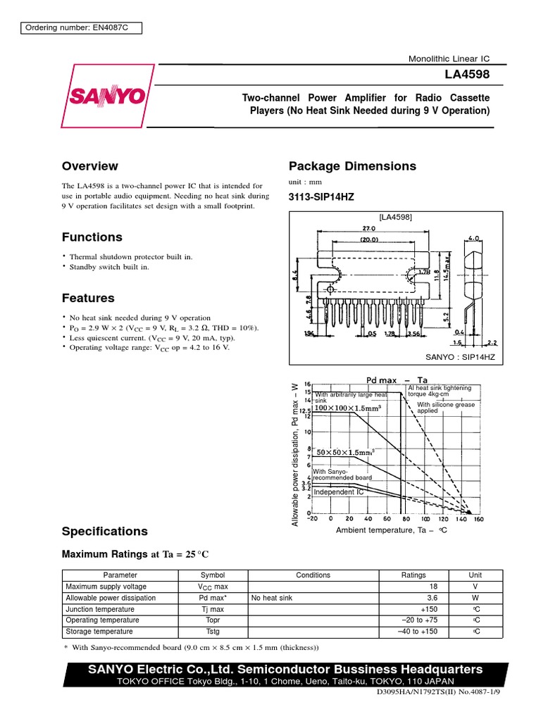 LA4598 two-channel power amplifier spec sheet | PDF | Capacitor | Amplifier