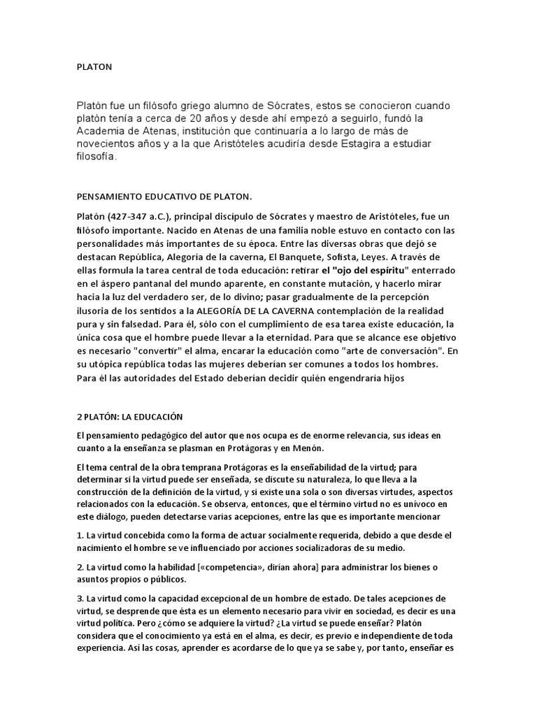 Pensamiento Educativo de Platon | PDF | Platón | Conocimiento