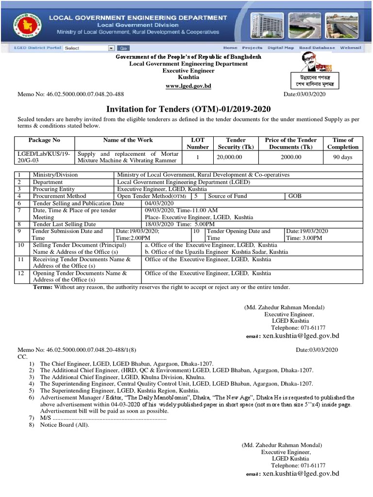 Invitation For Tenders (OTM) - 01/2019-2020::xen - Kushtia@lged - Gov ...