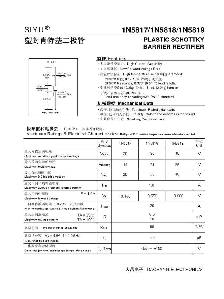 1N5817/1N5818/1N5819 Siyu: Plastic Schottky Barrier Rectifier | PDF ...