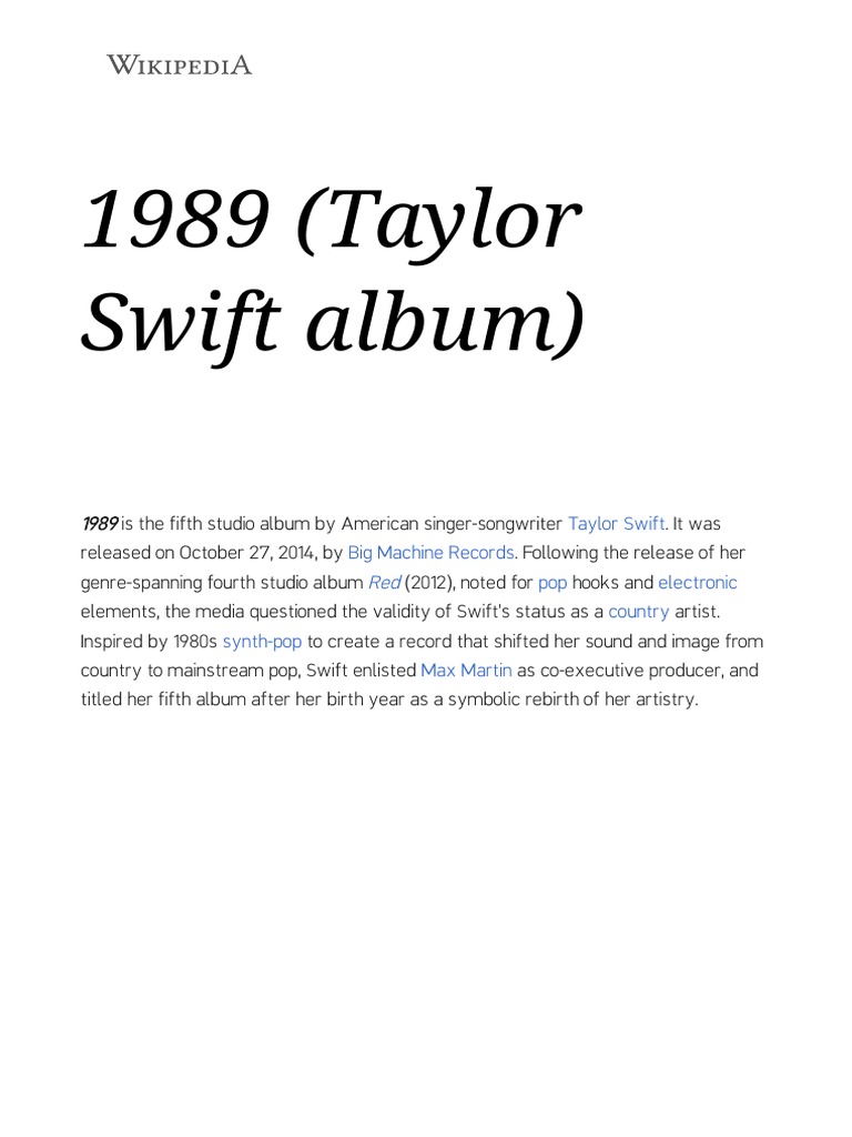 1989 (Taylor Swift Album) - Wikipedia | PDF | Mass Media | Music Industry