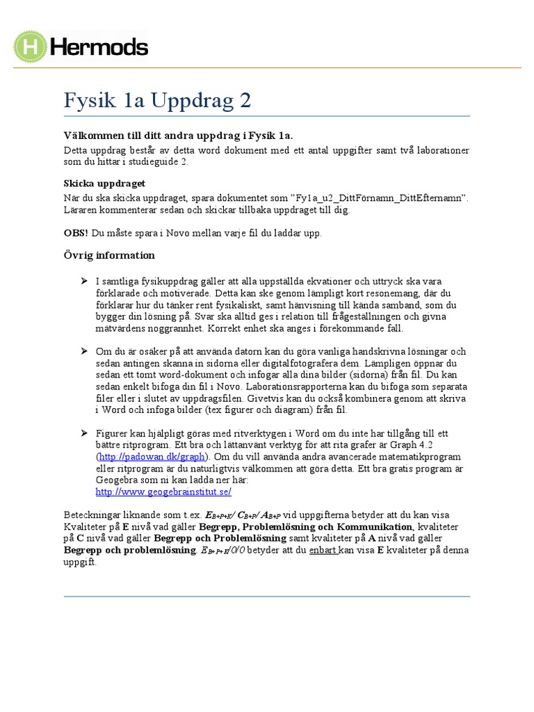 Fysik 1a Uppdrag 2 (Hermods) | PDF