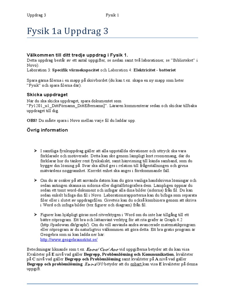Fysik 1a Uppdrag 3 (Hermods) | PDF