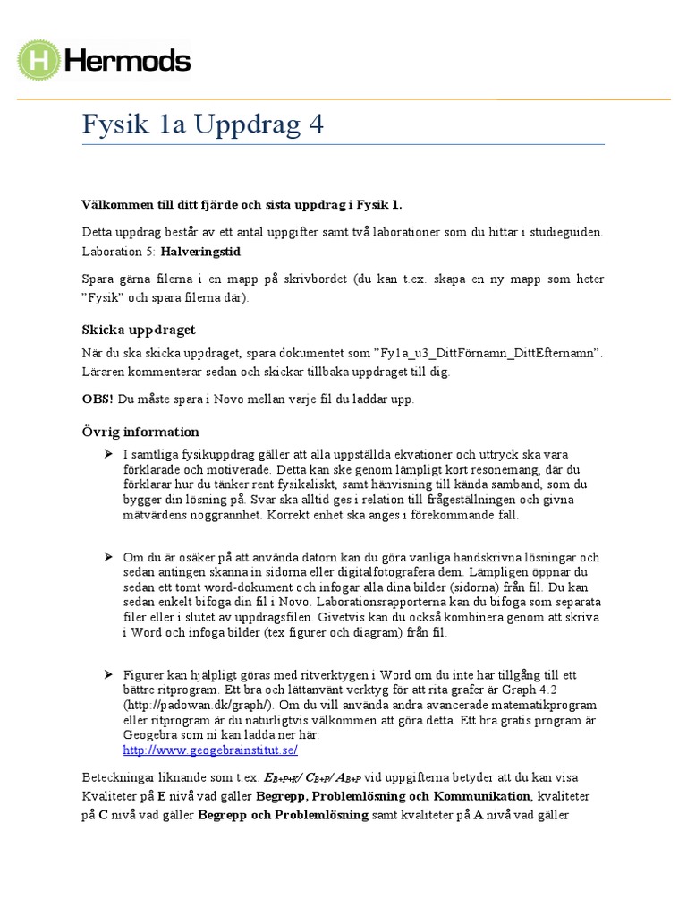 Fysik 1a Uppdrag 4 (Hermods) | PDF