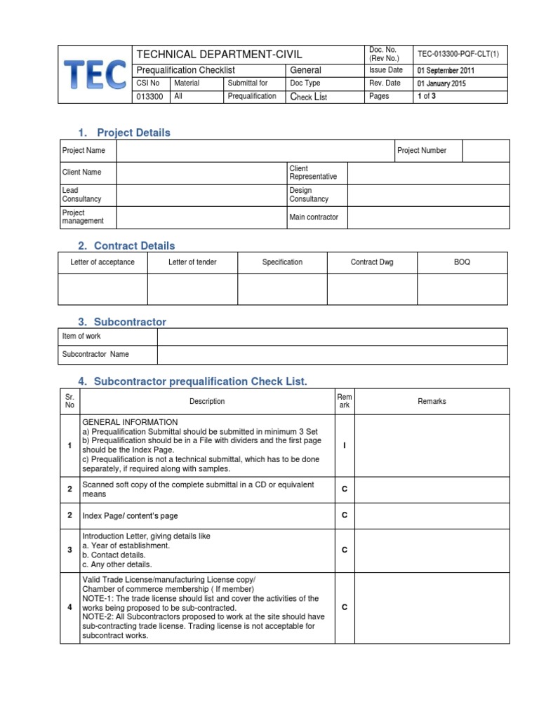 Subcontractor Prequalification Checklist | PDF | Business