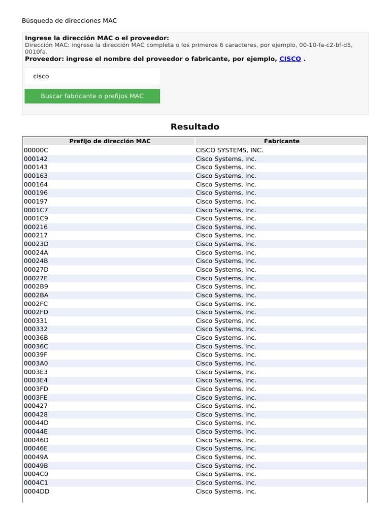 Resultado: Buscar Fabricante o Prefijos MAC | PDF | Computer Networking | Internet Protocol ...
