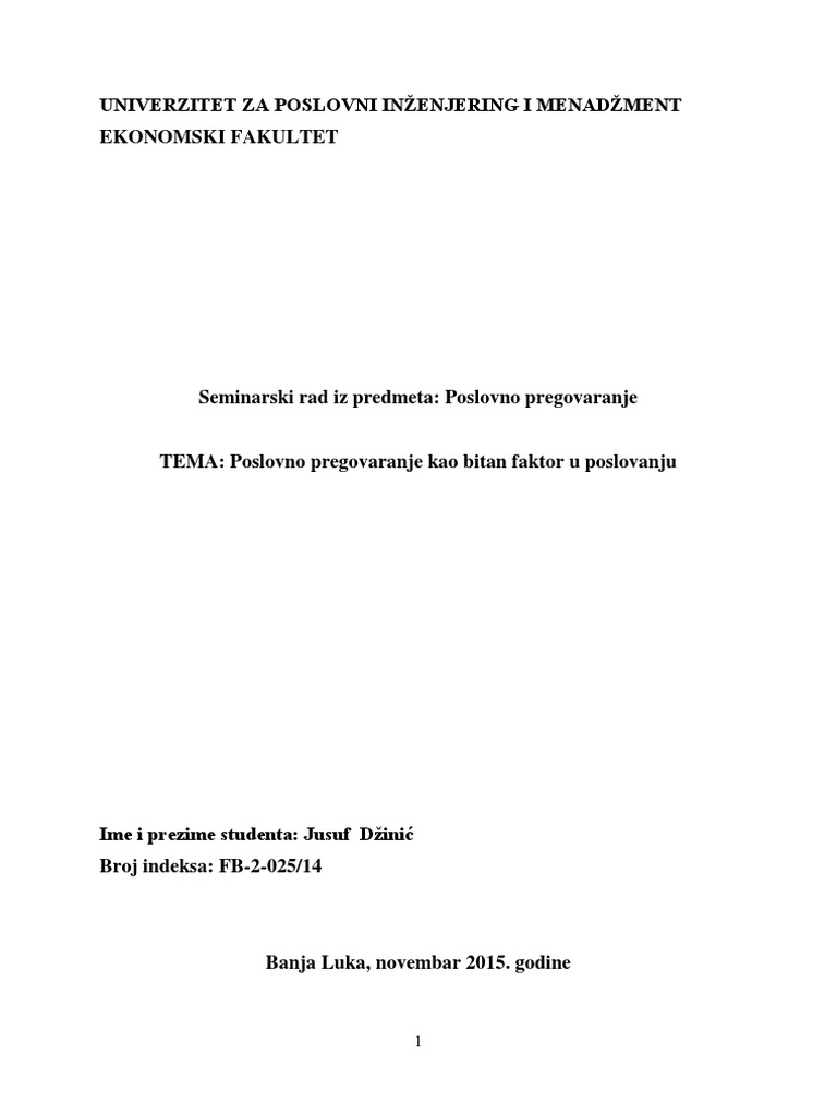 Seminarski Rad Poslovno Pregovaranje | PDF