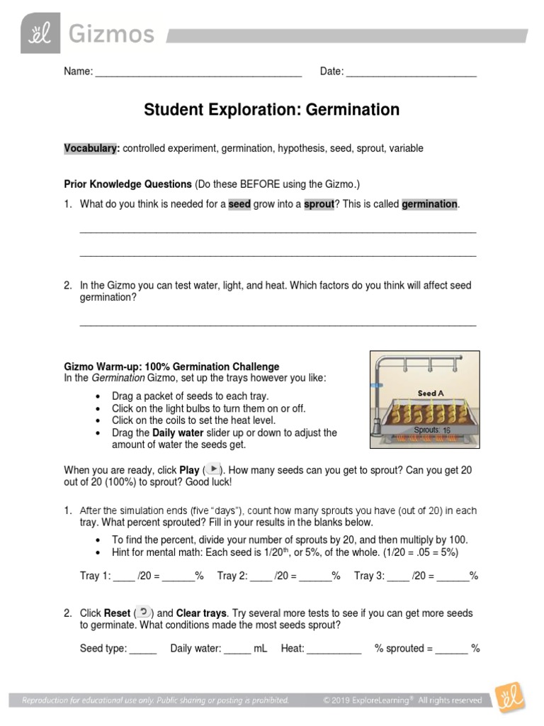 Student Exploration: Germination: Vocabulary: Controlled Experiment ...
