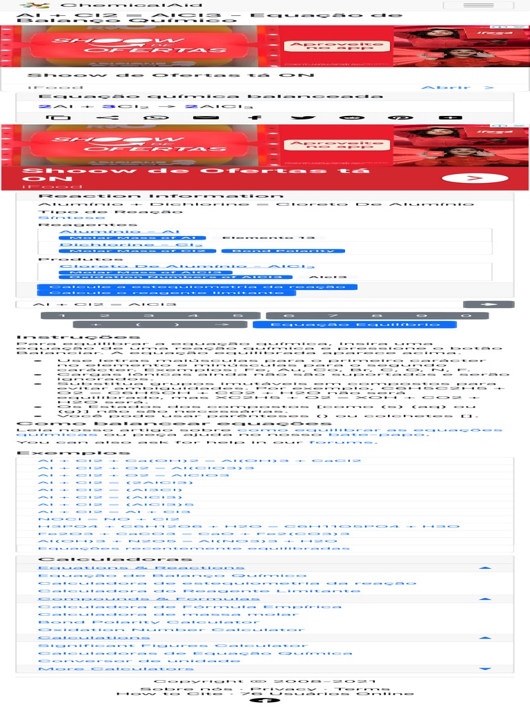 Al + Cl2 AlCl3 - Equação de Balanço Químico | Download grátis PDF ...