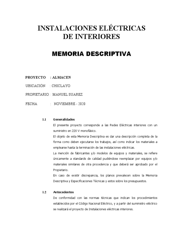 Memoria Descriptiva ALMACEN - 04-11-2020 - ELECTRICAS | PDF | Energia electrica | Aislador ...