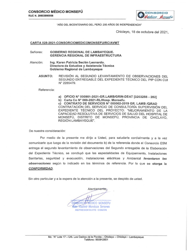 Carta 028-2021 CONSORCIO MEDICO MONSEFU | PDF