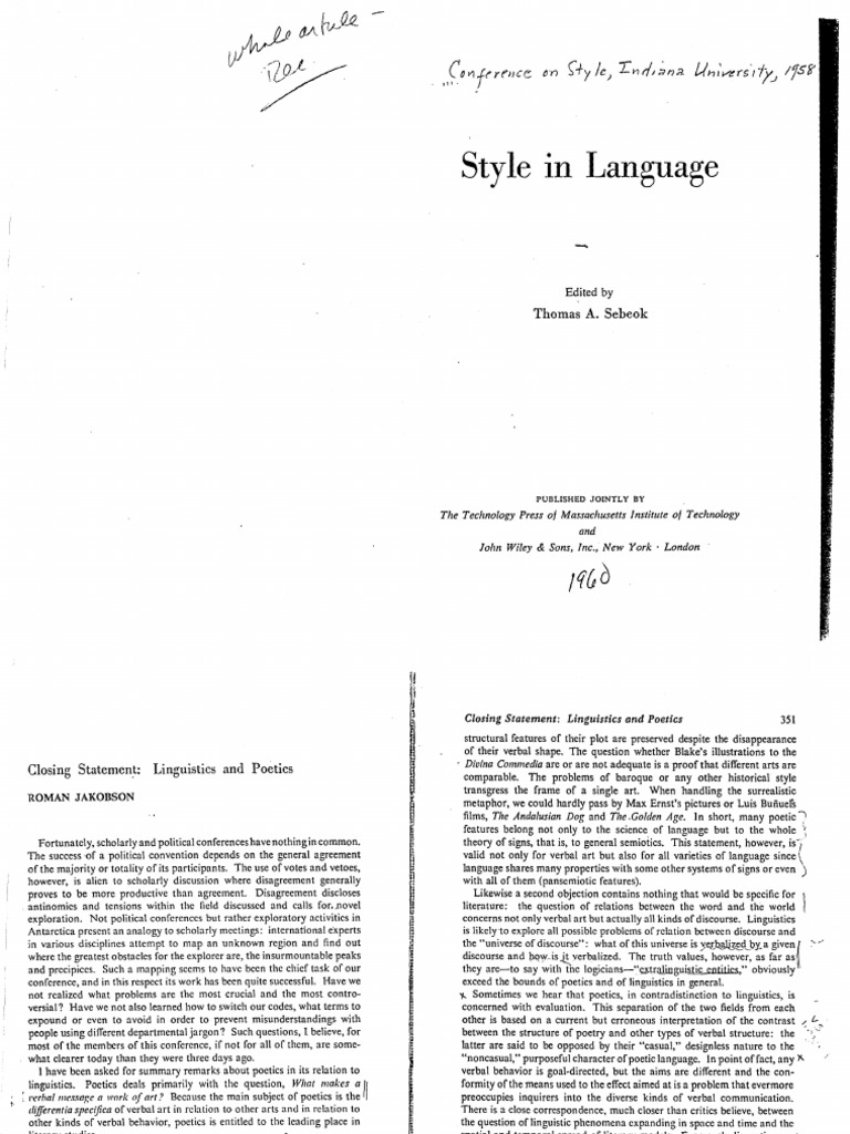 Style in Language - Thomas Sebeok | PDF | Syllable | Metre (Poetry)