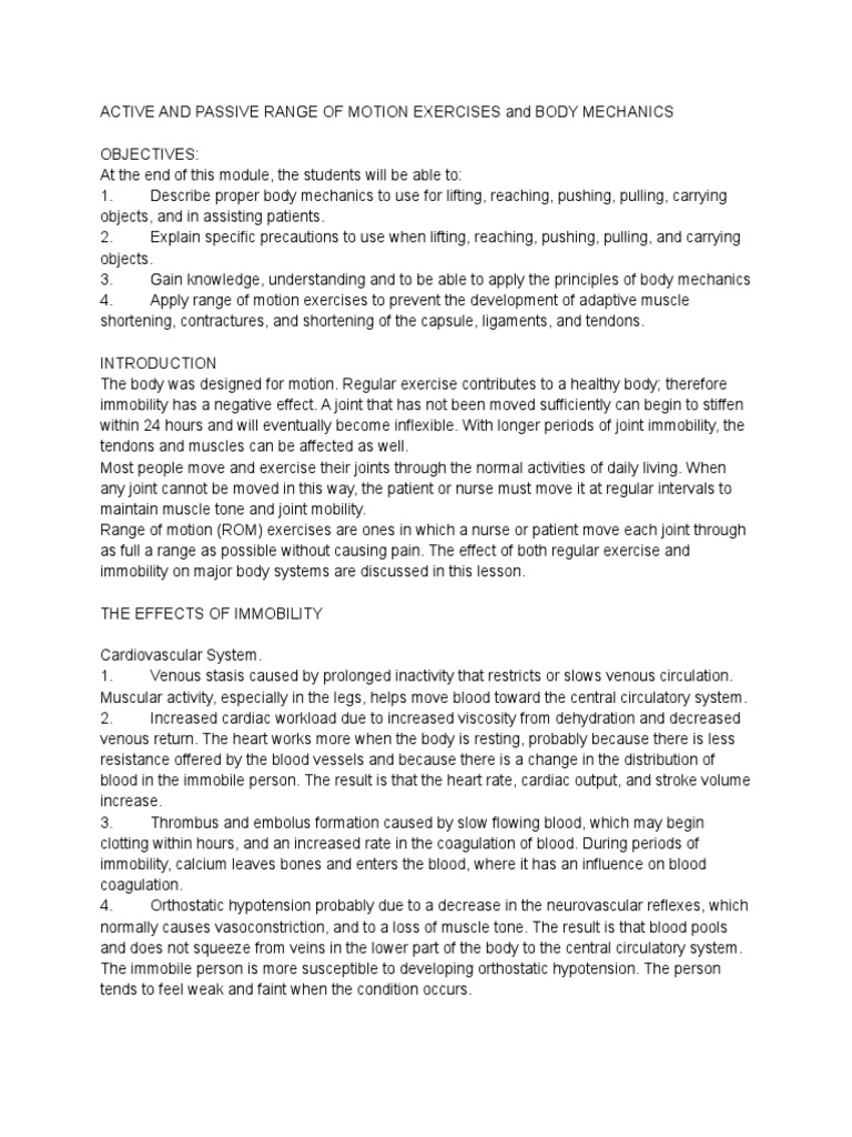 Body Mechanics & ROM Exercises | PDF | Anatomical Terms Of Motion ...