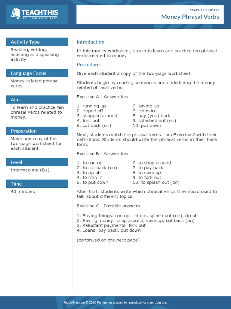 Money Phrasal Verbs Worksheet | PDF | English As A Second Or Foreign ...