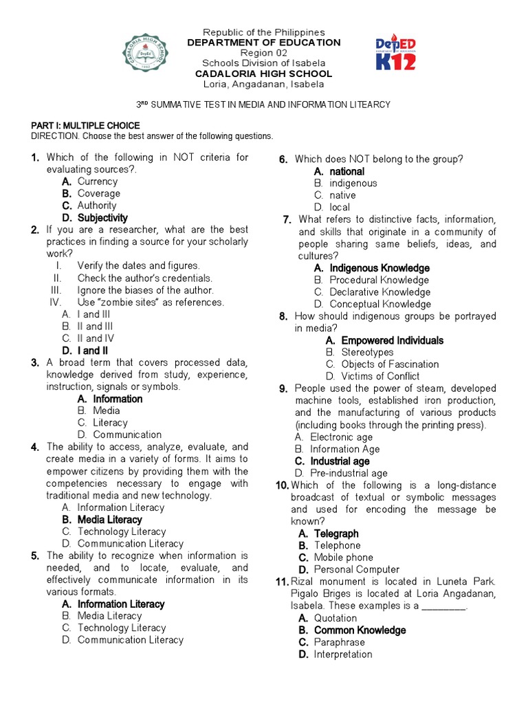 3RD Quarter Exam-MIL With Answer | PDF | Information Literacy | Popular ...