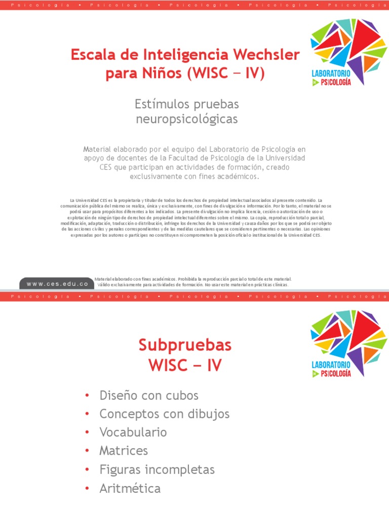 Estímulos Escala de Inteligencia de Wechsler para Niños (WISC - IV) | PDF