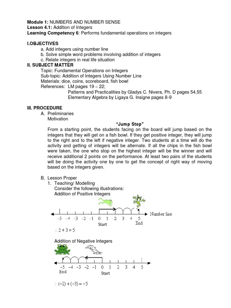 Module 1: Numbers and Number Sense Lesson 4.1: Addition of Integers ...