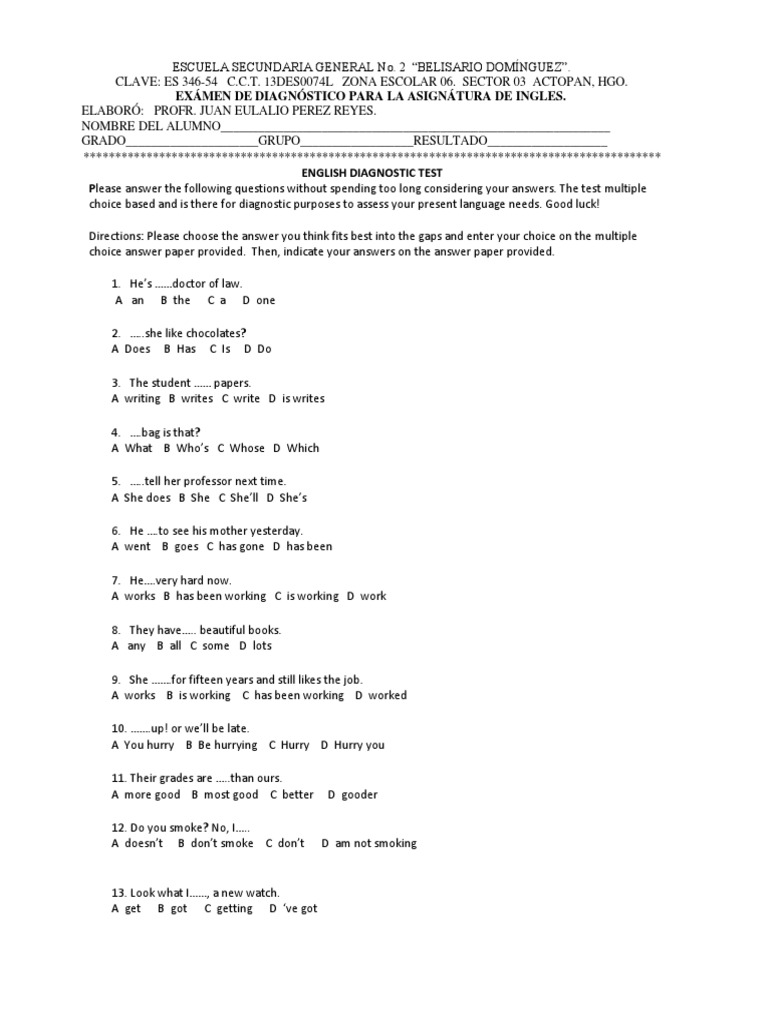 ENGLISH DIAGNOSTIC - Test - 100 | PDF