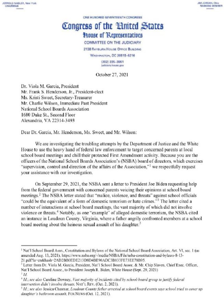 House Judiciary Letter To NSBA | PDF
