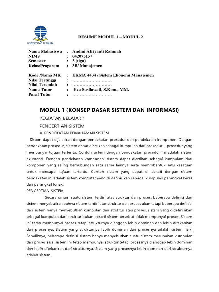 Resume Modul 1 Dan 2 Sistem Informasi Manajemen Andini 3b | PDF