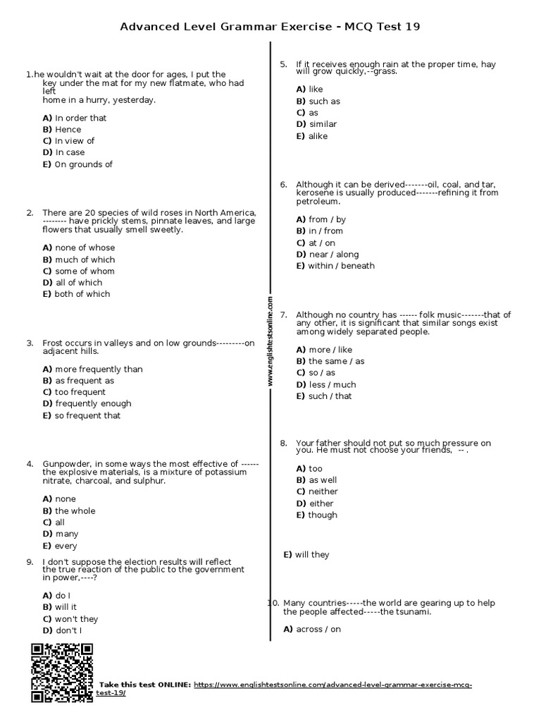 Advanced Grammar MCQ Test | PDF | Allergy