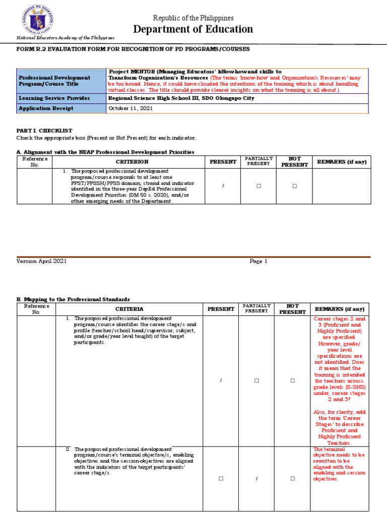 FORM R.2 Recognition Evaluation Tool-MENTOR | Download Free PDF ...