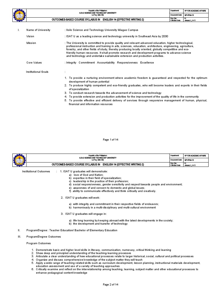 English 14 OBE Syllabus | PDF | Learning | Curriculum English 14 OBE Syllabus | PDF | Learning | Curriculum