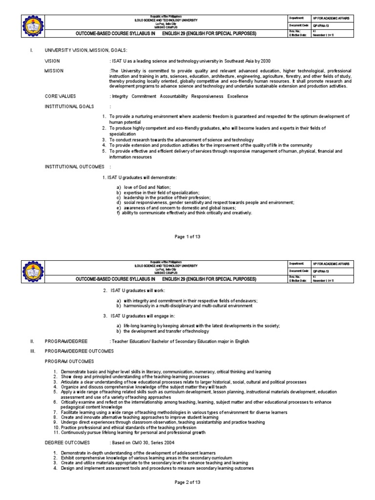 Outcome-Based Course Syllabus in English 29 (English For Special ...