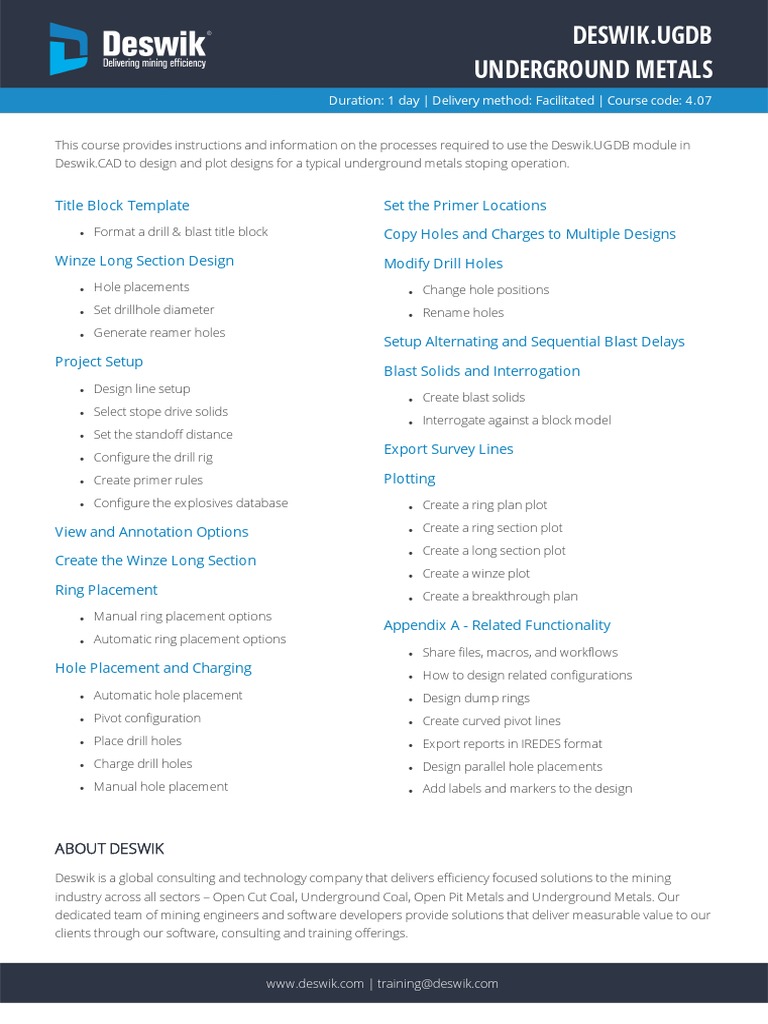 4.07 Deswik - Ugdb For Underground Metals | PDF | Mining | Drill