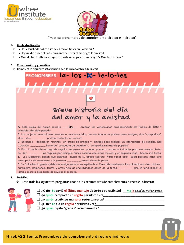 Tarea Pronombres de Complemento Directo e Indirecto A2.2 C | PDF | Hogar y jardín