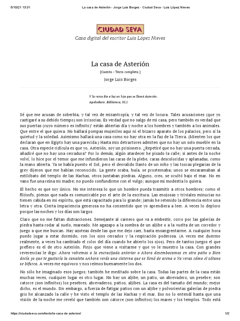 La Casa de Asterión - Jorge Luis Borges - Ciudad Seva - Luis López ...