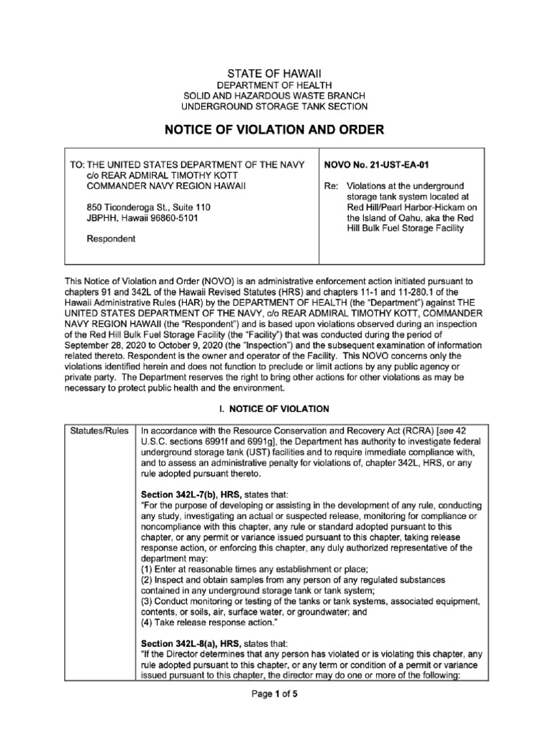 Notice of Violation at Red Hill | PDF