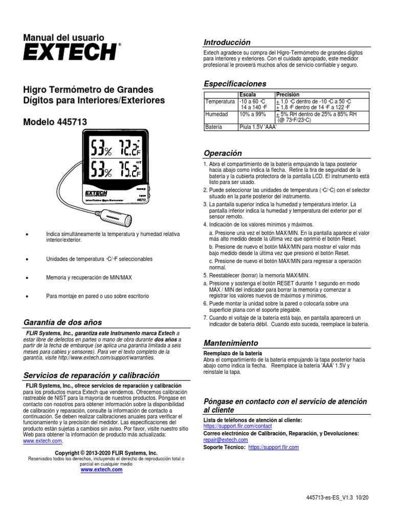 Termohigrometro Extech Modelo 445713 | PDF | Temperatura | Calibración