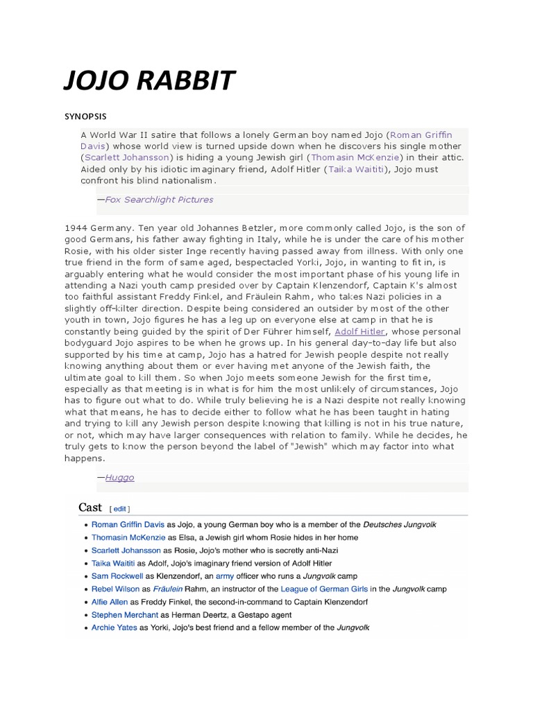 Jojo Rabbit: A WWII Satire Summary | PDF | Mystery, Thriller & Crime ...