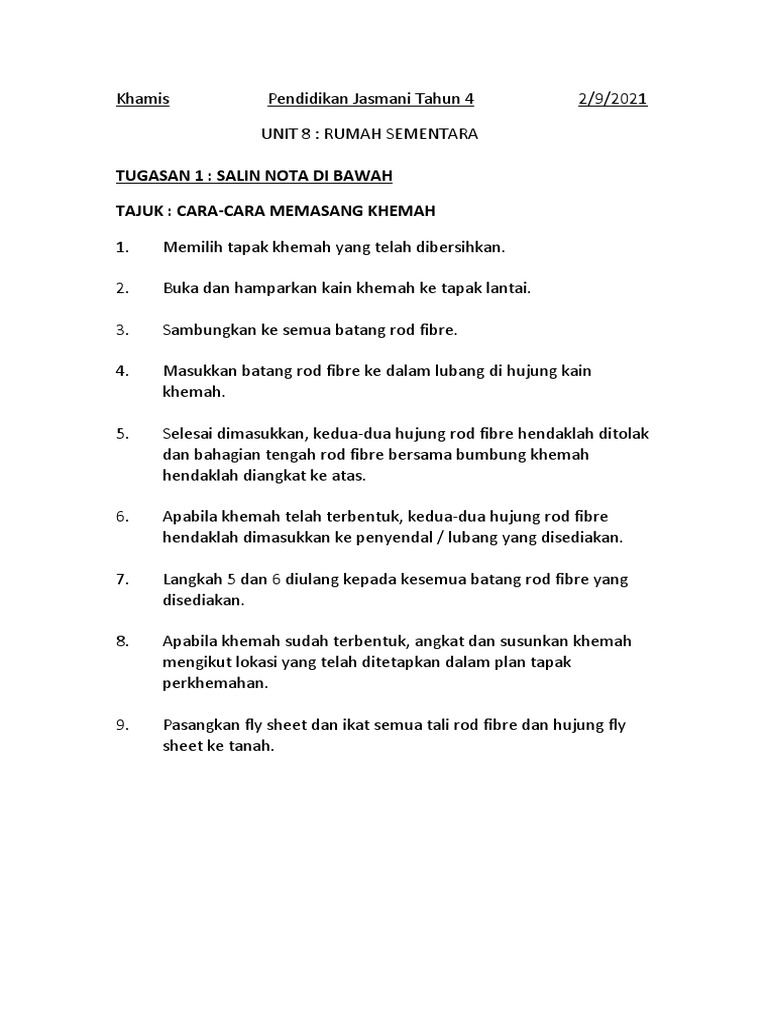 Tugasan 1: Salin Nota Di Bawah Tajuk: Cara-Cara Memasang Khemah | PDF