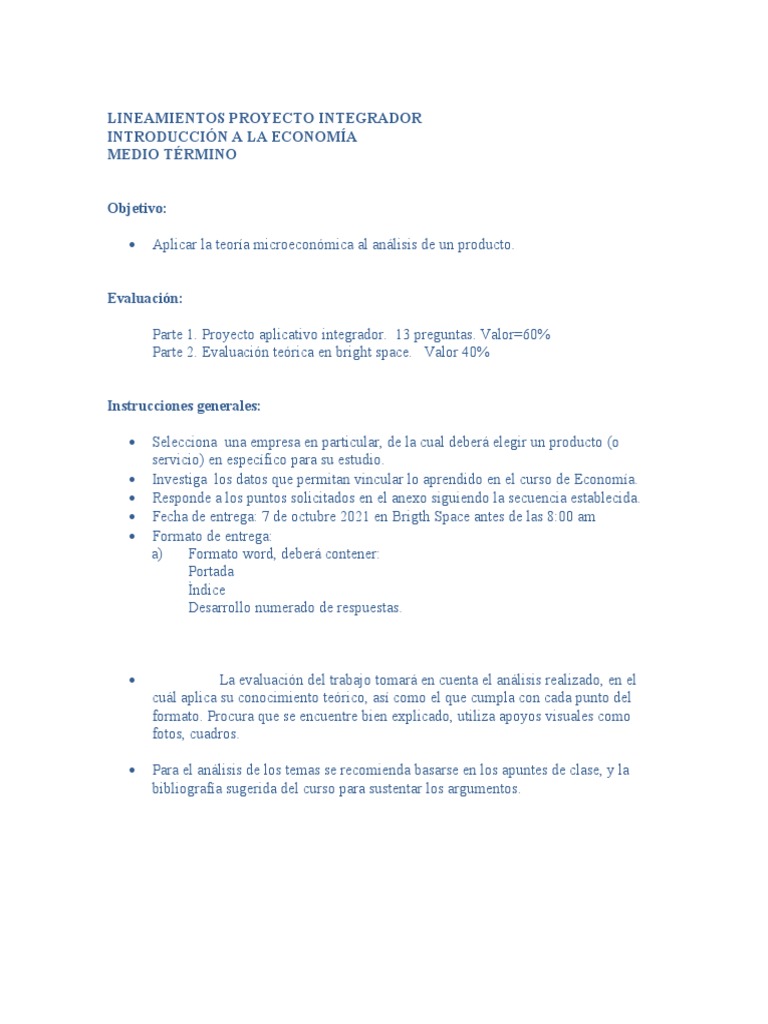 Lineamientos Proyecto Integrador 2021 | PDF | Oferta y demanda | Microeconomía