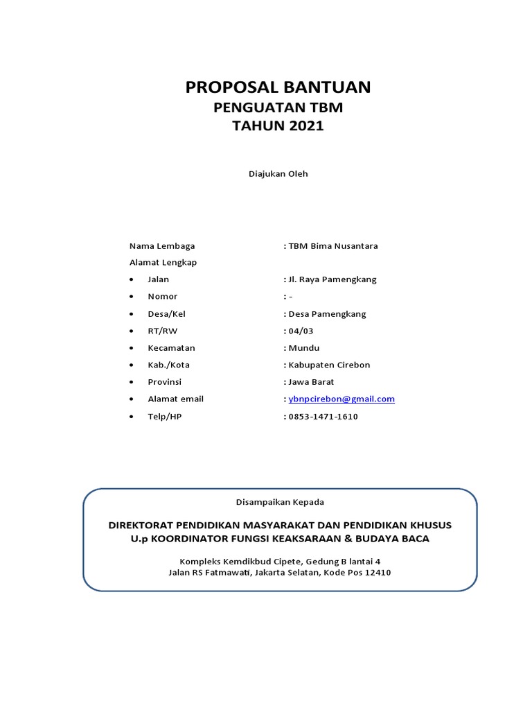 Proposal Bantuan TBM Bima Nusantara | PDF