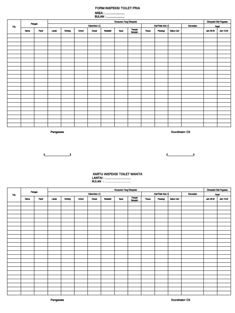 Form Inspeksi Kebersihan Toilet W-P | PDF