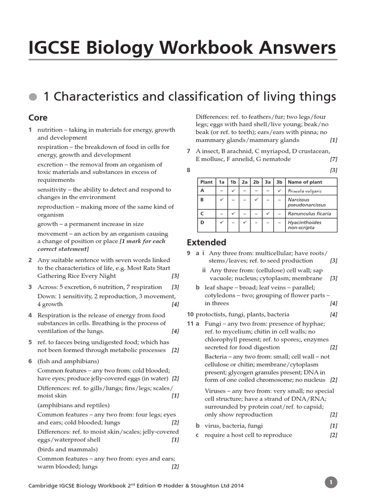 IGCSE Biology Workbook Answers: 1 Characteristics and Classification of ...