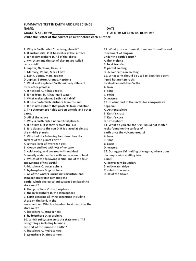 Summative Test in Earth and Life Science | PDF | Earth | Magma