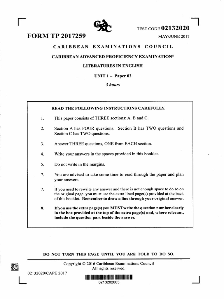 CAPE Literatures in English 2017 U1 P2 | PDF | Poetry | The Arts