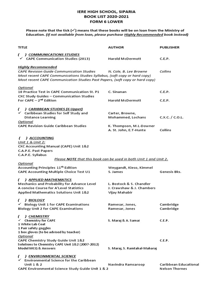 Form 6 Book List | PDF
