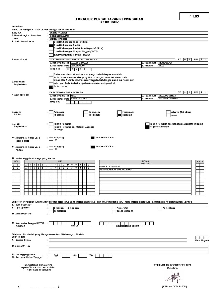 Formulir Pendaftaran Perpindahan Penduduk | PDF